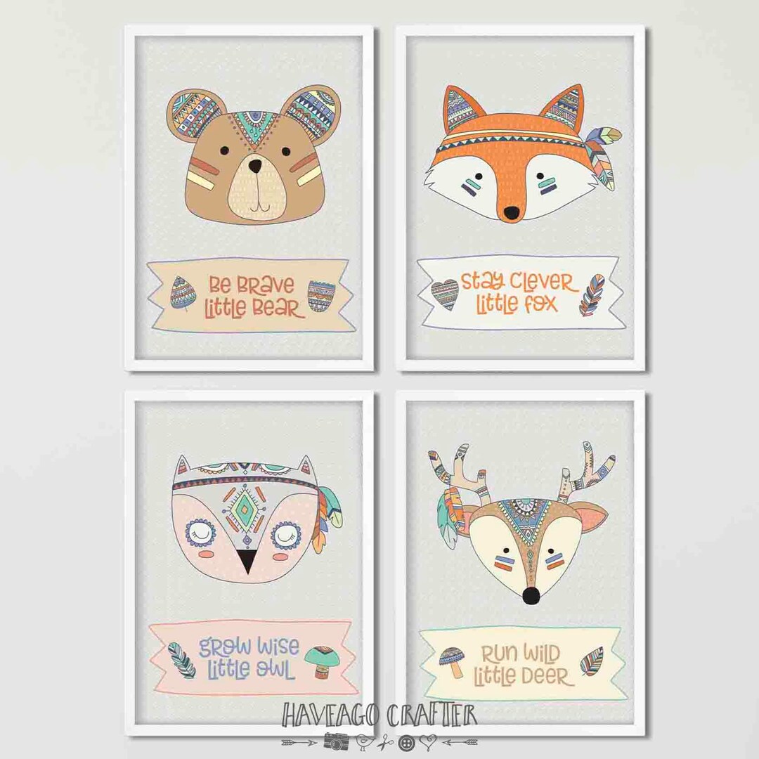 Woodland Animal Tribal Nursery Art Print Quotes - Be Brave Little Bear ...