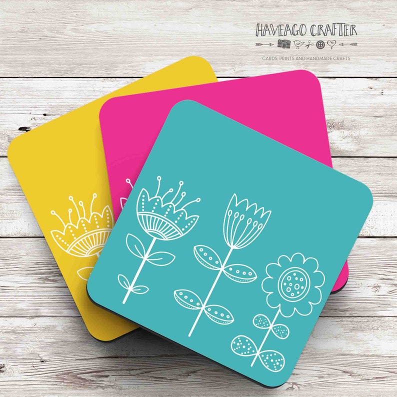 Floral Doodle Midcentury Modern Design Coaster in Pink, Individual ...