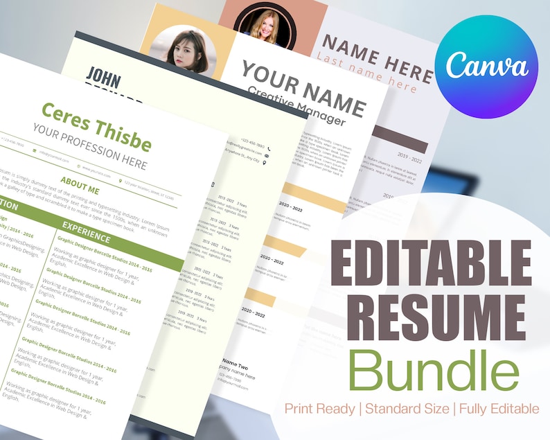 Editable Canva Resume Template Bundle: Print Ready CV (digital Download ...