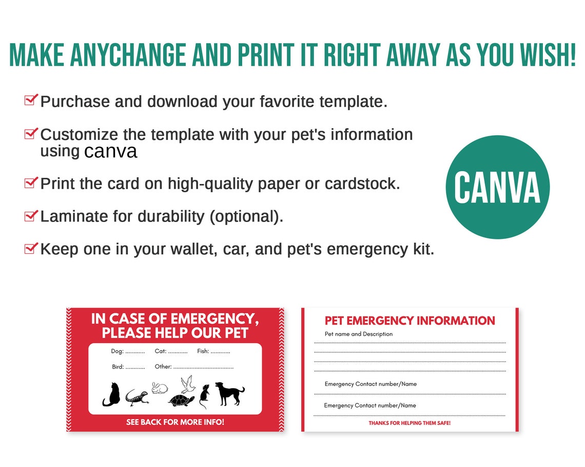Pet Emergency Contact Cards, Pet Home Alone Templates, Emergency Pets ...