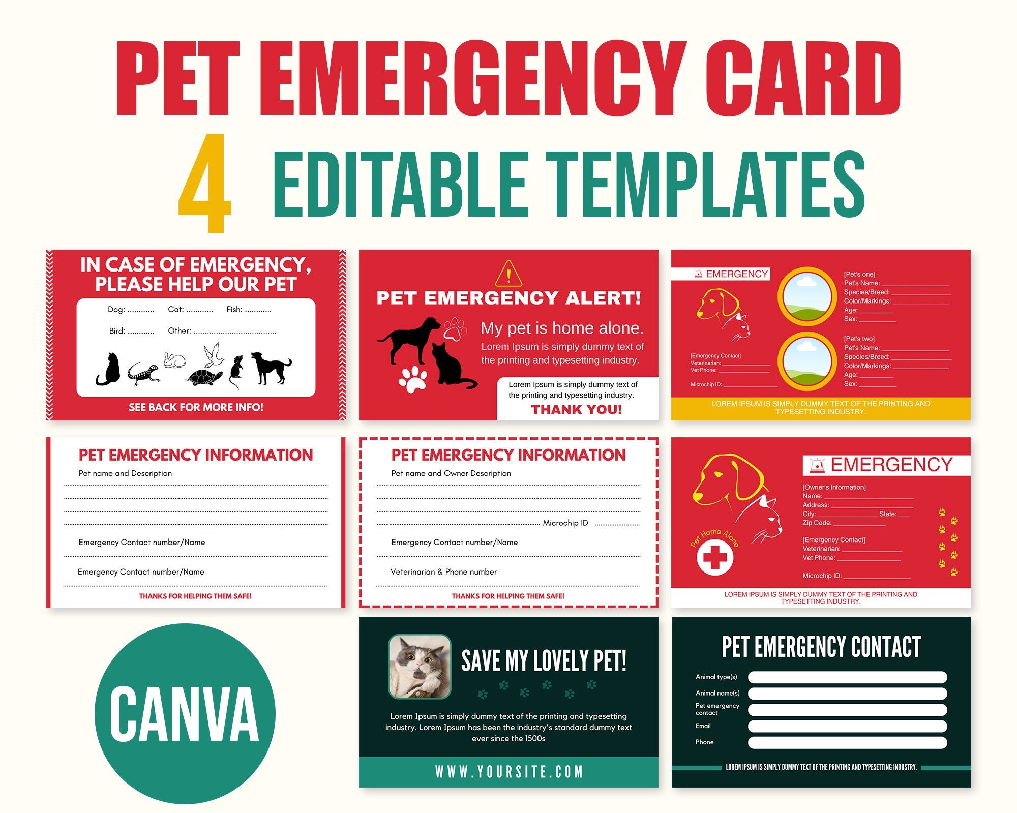 Pet Emergency Contact Cards, Pet Home Alone Templates, Emergency Pets ...