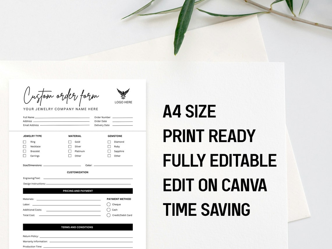 Custom Jewelry Order Form Template, Editable Custom Jewelry Order Form ...