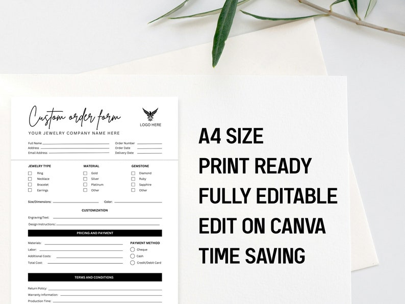 Custom Jewelry Order Form Template, Editable Custom Jewelry Order Form ...