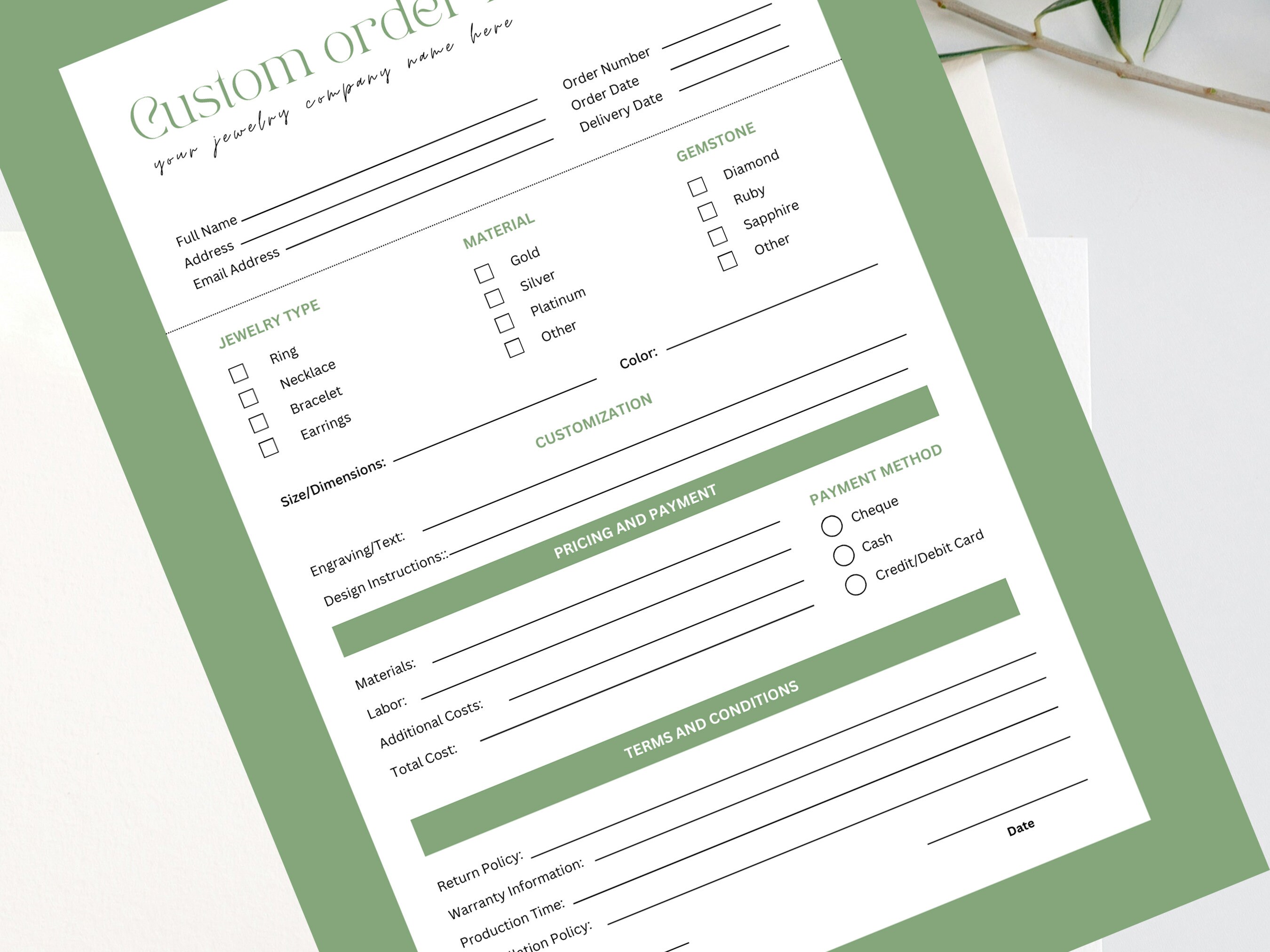 Custom Jewelry Order Form Template, Editable Custom Jewelry Order Form ...