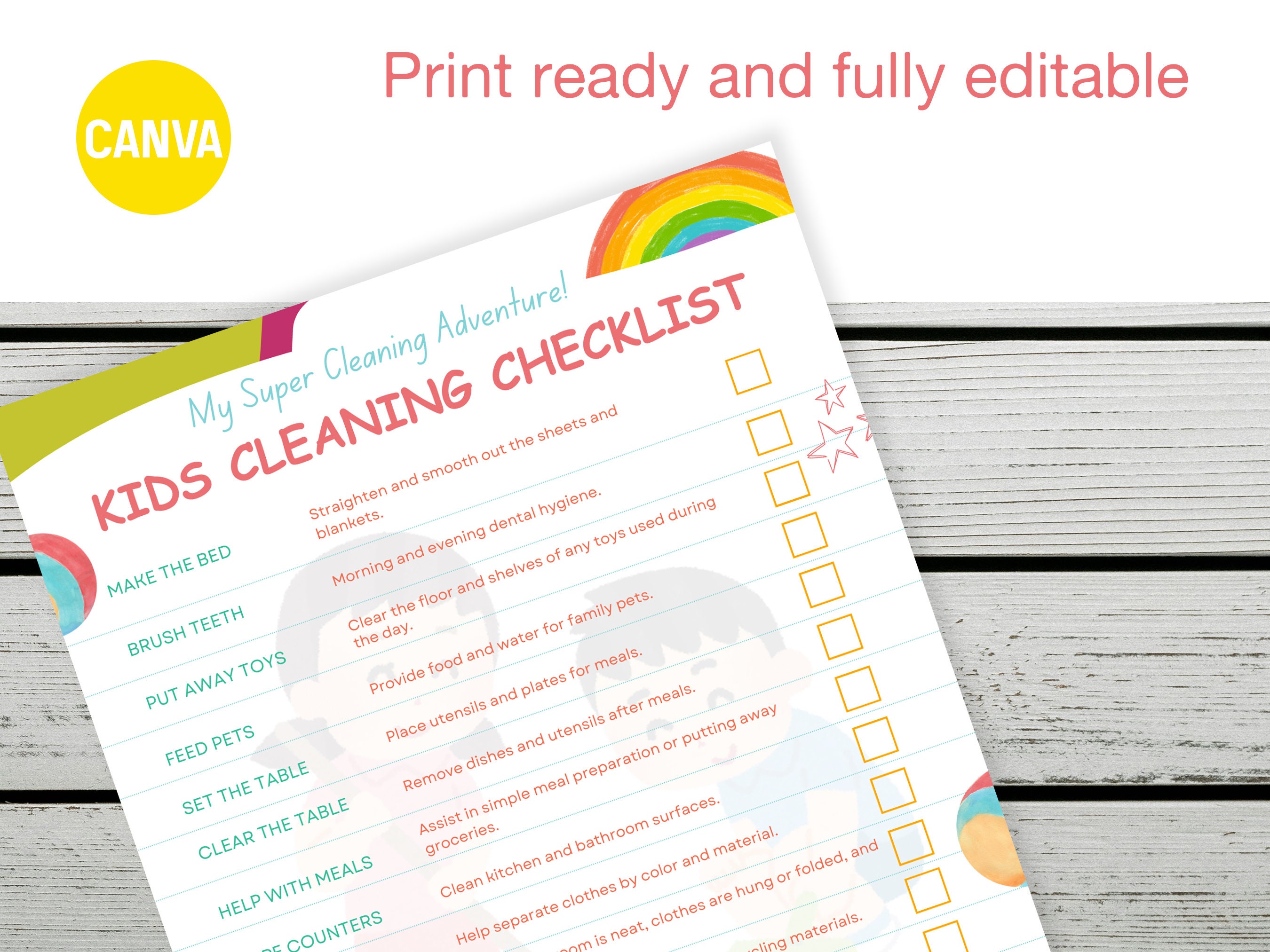 Printable Kids Cleaning Checklist, Kids Cleaning Checklist, Editable ...