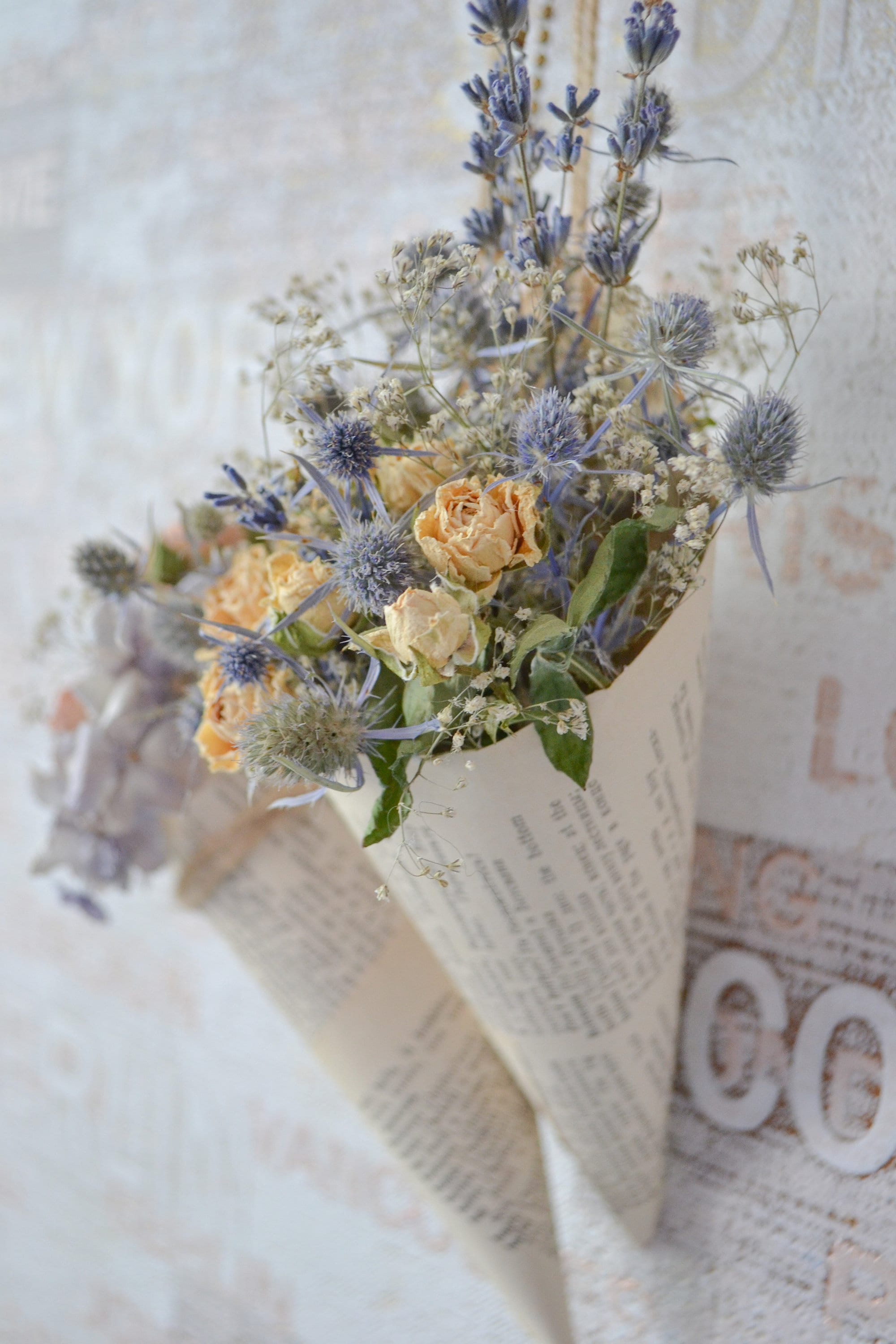 Arrangement in a Vintage Cone of Dried Flowers With Thistle, Lavender ...