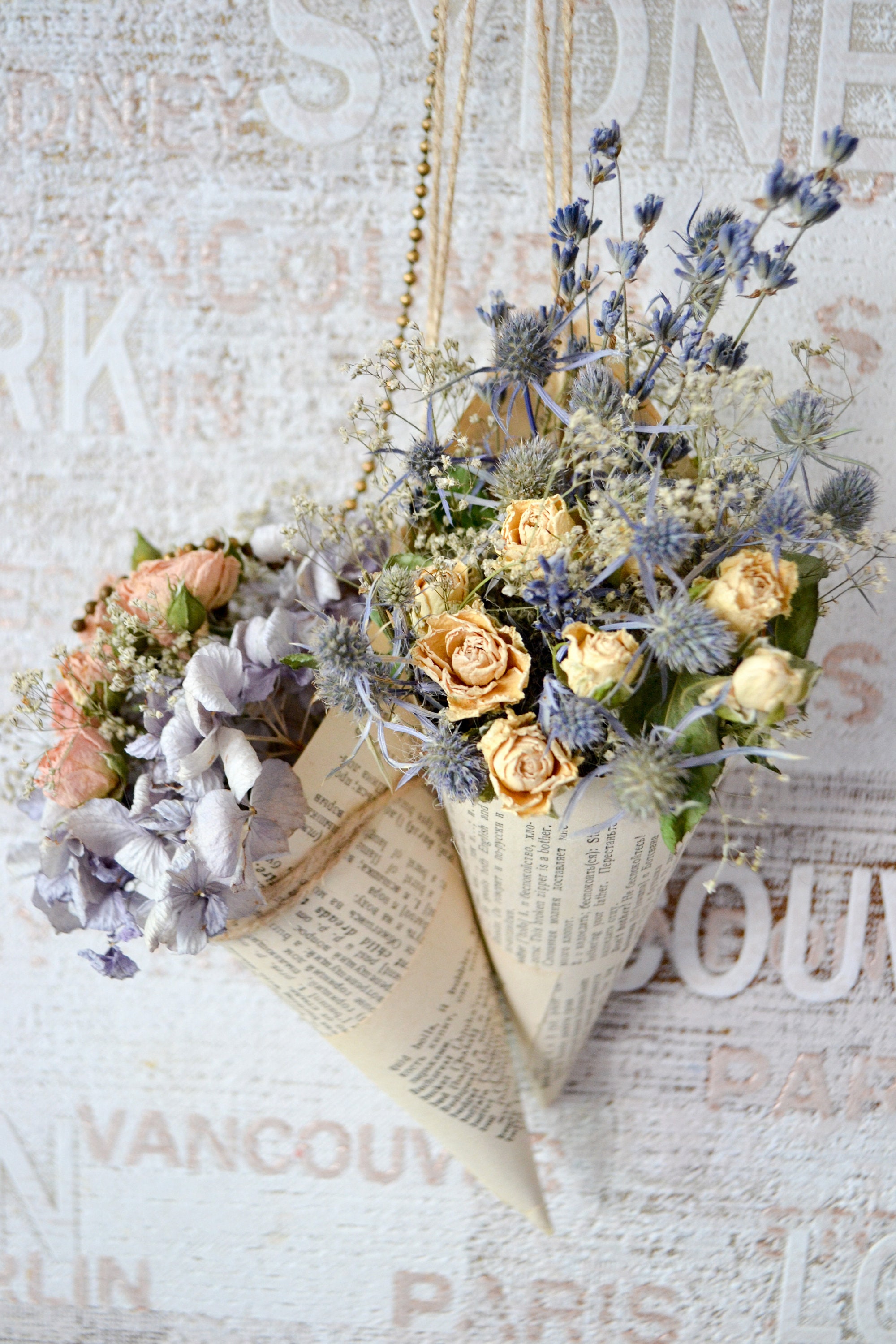 Arrangement in a Vintage Cone of Dried Flowers With Thistle, Lavender ...