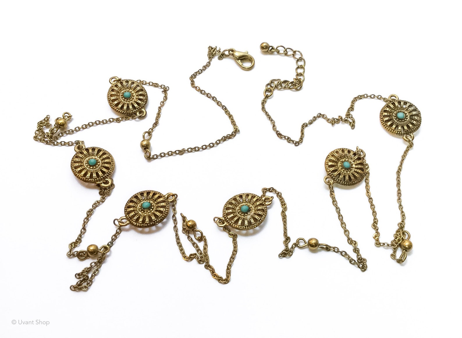 Faux Turquoise Medallion Gold Tone Necklace Vintage Art Deco - Etsy