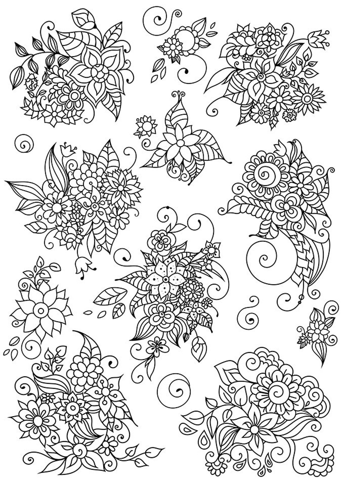 10 Flowers doodle art coloring. Floral zen coloring. Zen | Etsy
