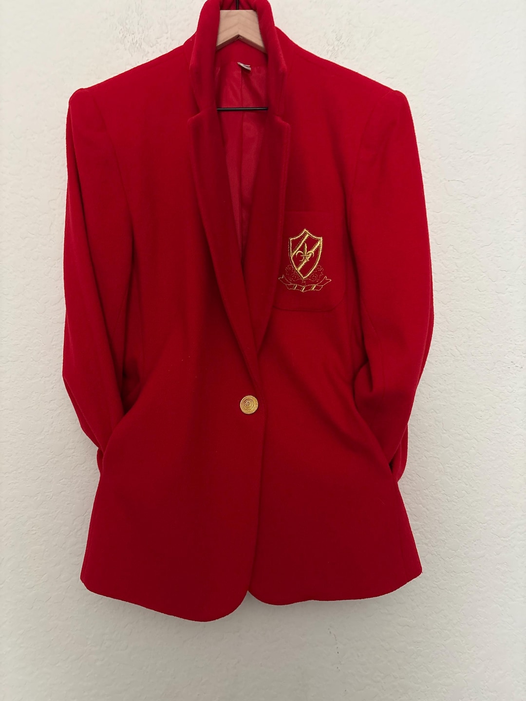 Vintage Red Wool Feel Jacket With Gold Crest and Hardware Size 8 - Etsy