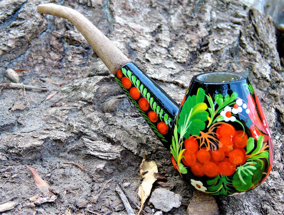 Wooden Smoking Pipe Painted Ukrainian Ethnic Tobacco Pipe Floral Design ...