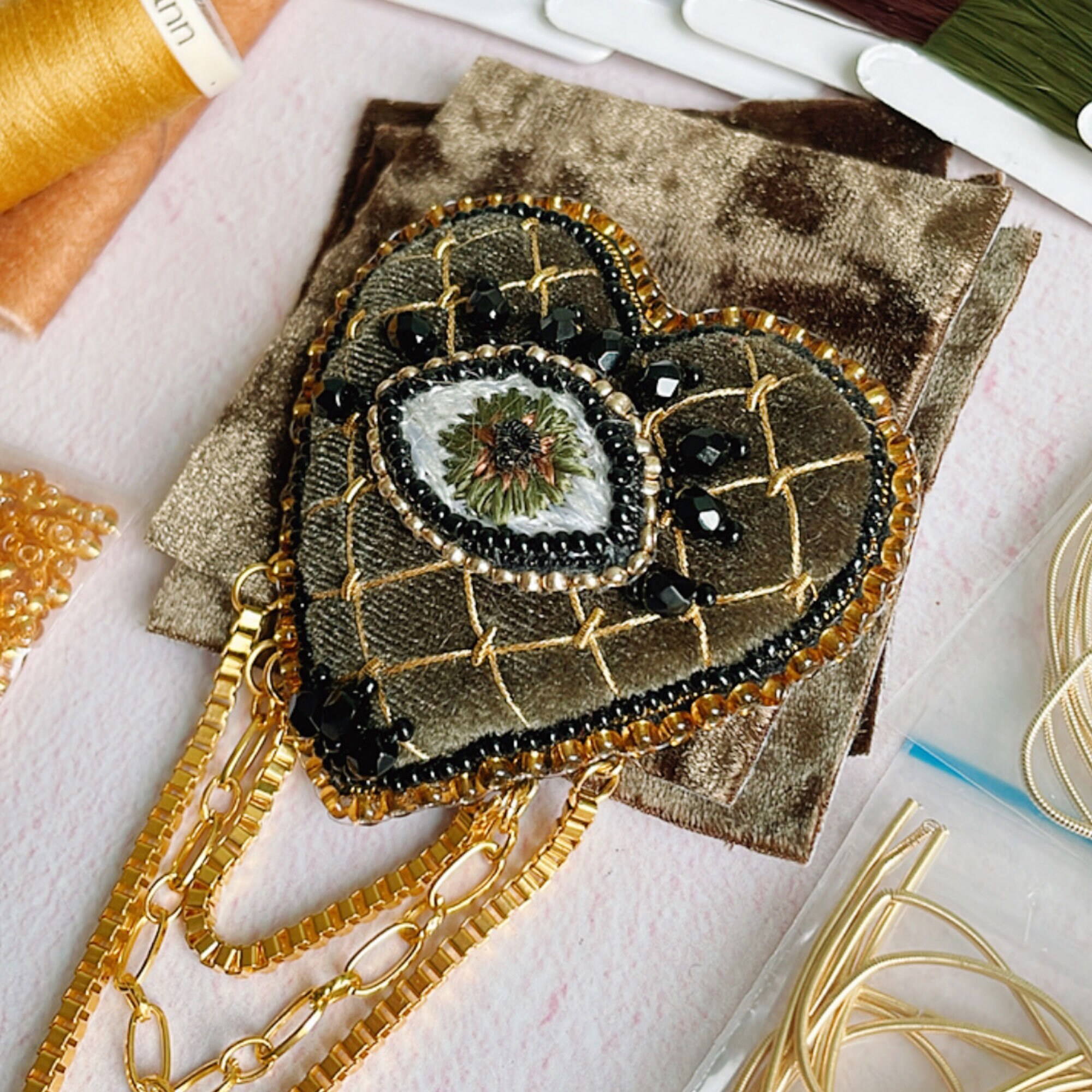 Green Velvet Heart, Brooch, Embroidery Kit, Martín Embroider, Hand ...