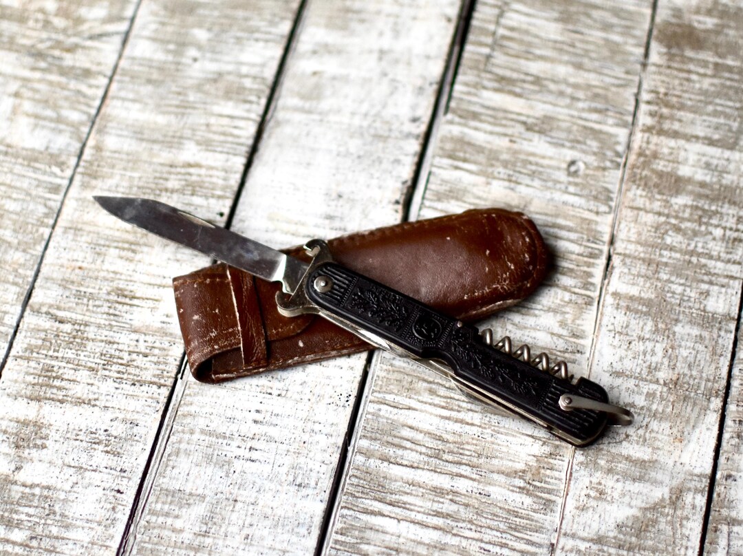 Vintage Folding Knife Multi Tools Hunting Knife Leather Case Folding ...