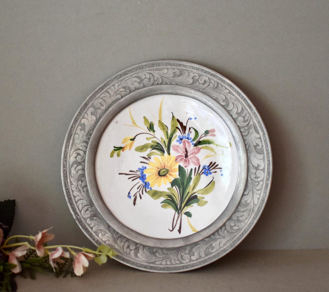 Vintage Porcelain Plate With Zinc Frame Wall Decor Hand Painted Home ...