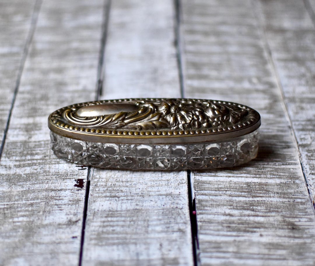 Antique Glass Trinkets Box Silver Plated Rococo Jewelry Box - Etsy