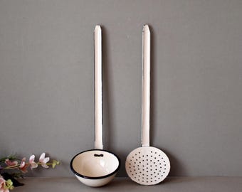Vintage Enameled Strainer Ladle Skimmer Spoons Cooking Retro Utensils ...