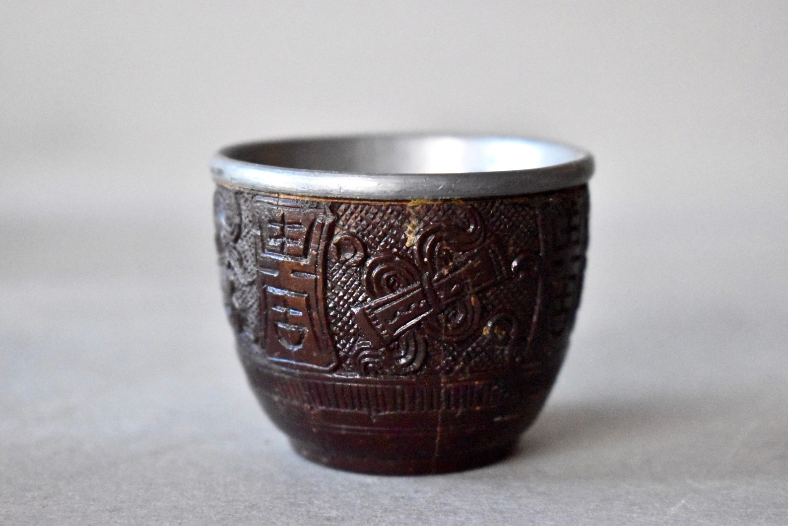 Antique Chinese Coconut Carved Shells Pewter Wine Cups Collectable ...