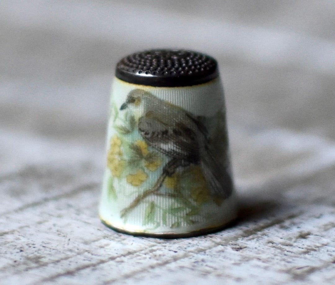 Antique Sterling Silver Guilloche Enamel Thimble Bird Picture Thimble Collectible Silver Thimble ...
