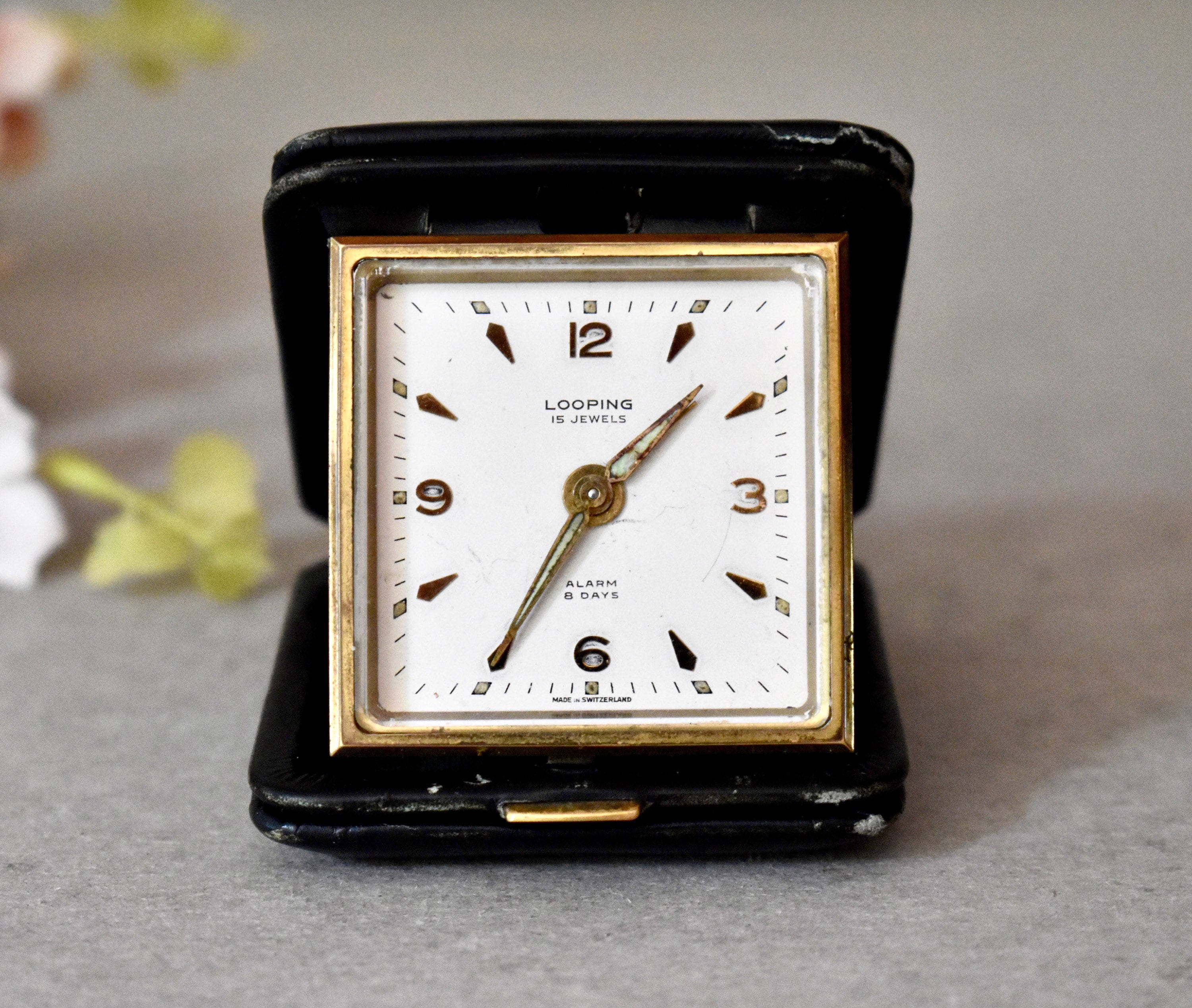 Vintage German Messing Travel Clock Looping 8 Days Clock in Leather ...