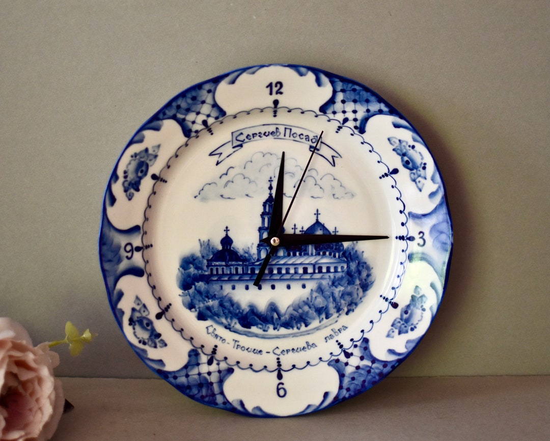 Vintage Russian Porcelain Wall Clock - Gzhel Home Decor Kitchen Decor ...