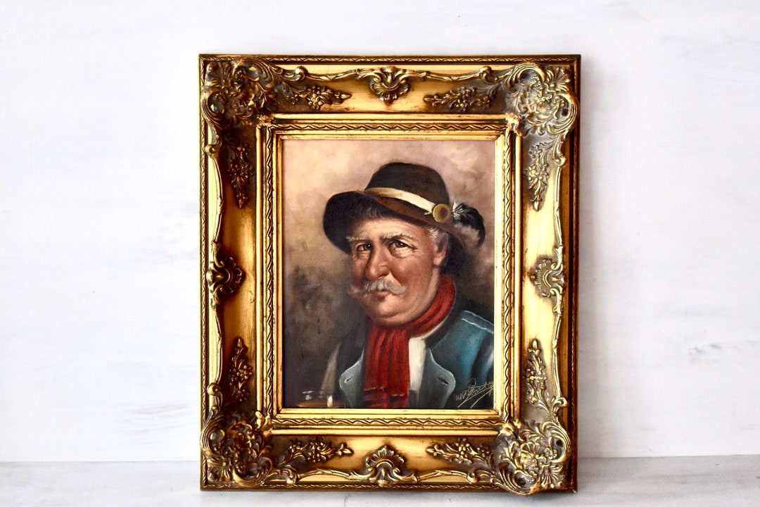 Vintage Oil Painting Canvas Paint Old Man Hunter Wall Decor Antique ...