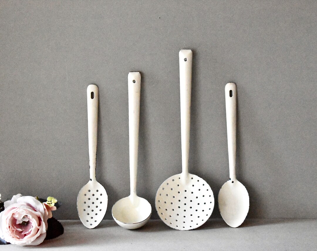 Vintage Enameled Strainer Ladle Skimmer Spoons Cooking Retro Utensils ...