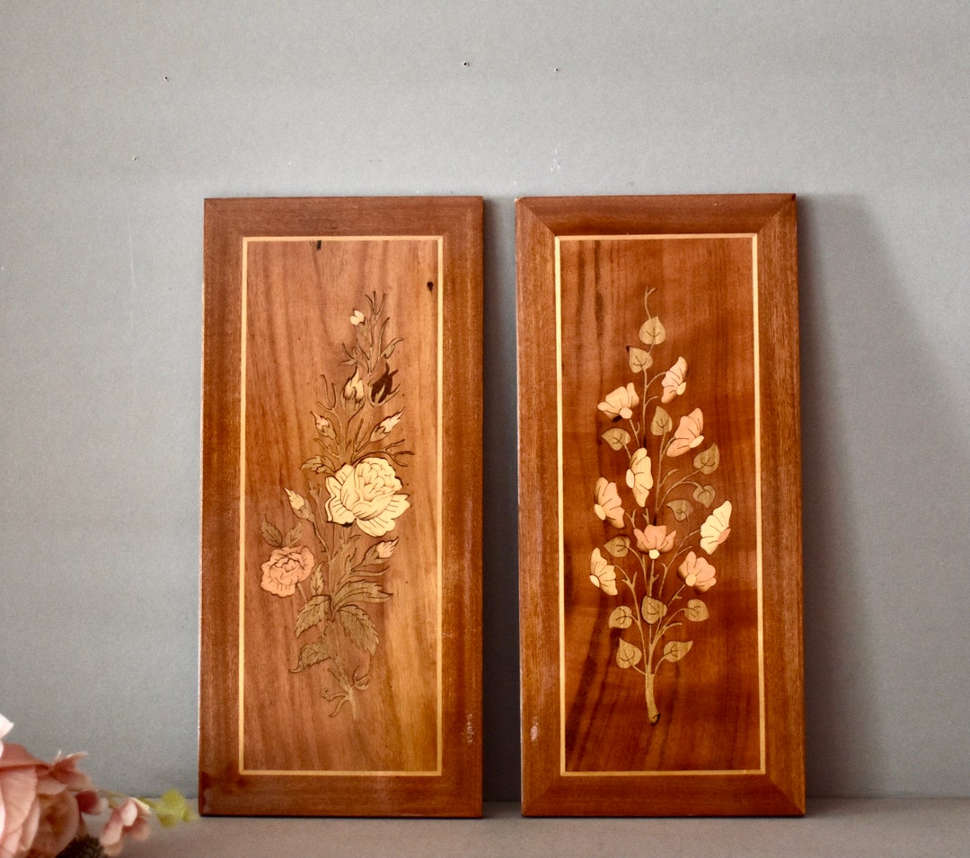 Vintage Two Pair Wooden Italian Intarsia Flowers Wall Decor Retro ...