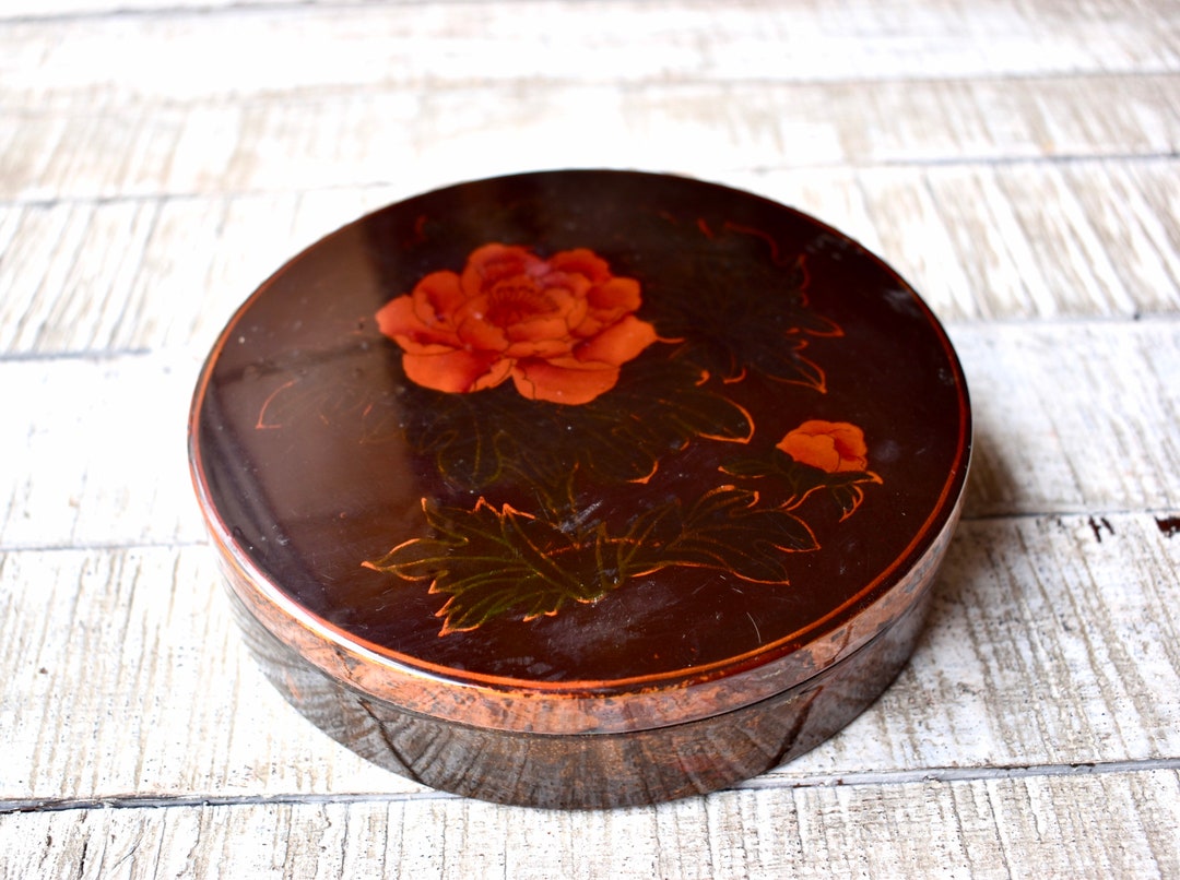 Vintage Jewelry Box Black Lacquer Roses Hand Painted Trinkets Box ...