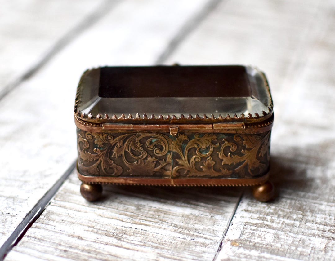 Antique Glass Jewelry Box Crystal Trinket Box - Bronze France Art Deco ...