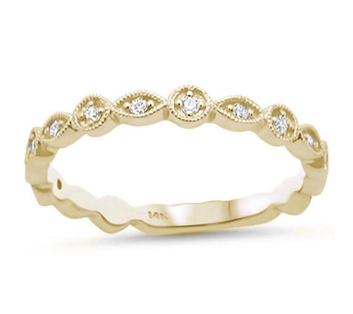 14k Diamond Band, Dainty Art Deco Diamond Band, White Gold, Rose Gold ...