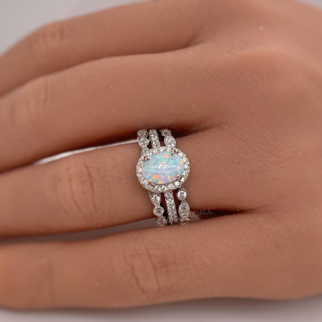 Opal Engagement Ring Set, 3 Ring Set Art Deco Fitted Opal Ring Set ...