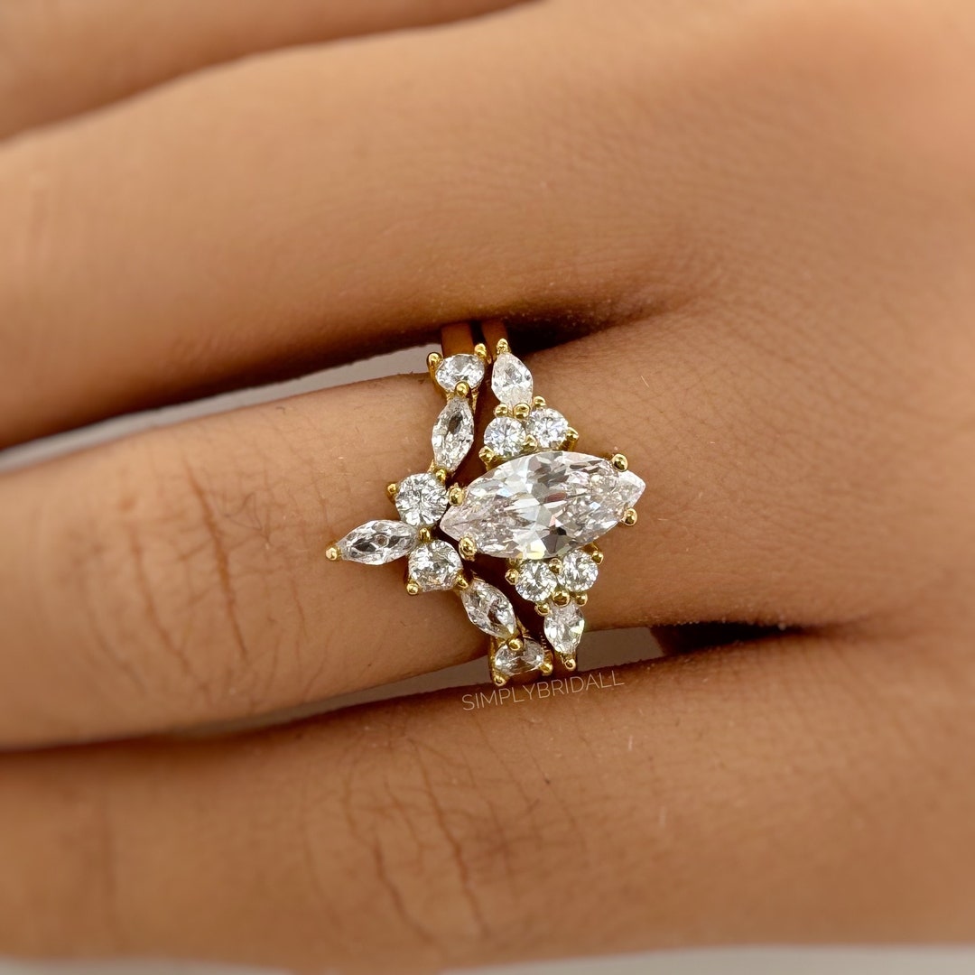 1.00ct Marquise Ring Set, Art Deco Marquise Engagement Ring Set, Bridal ...