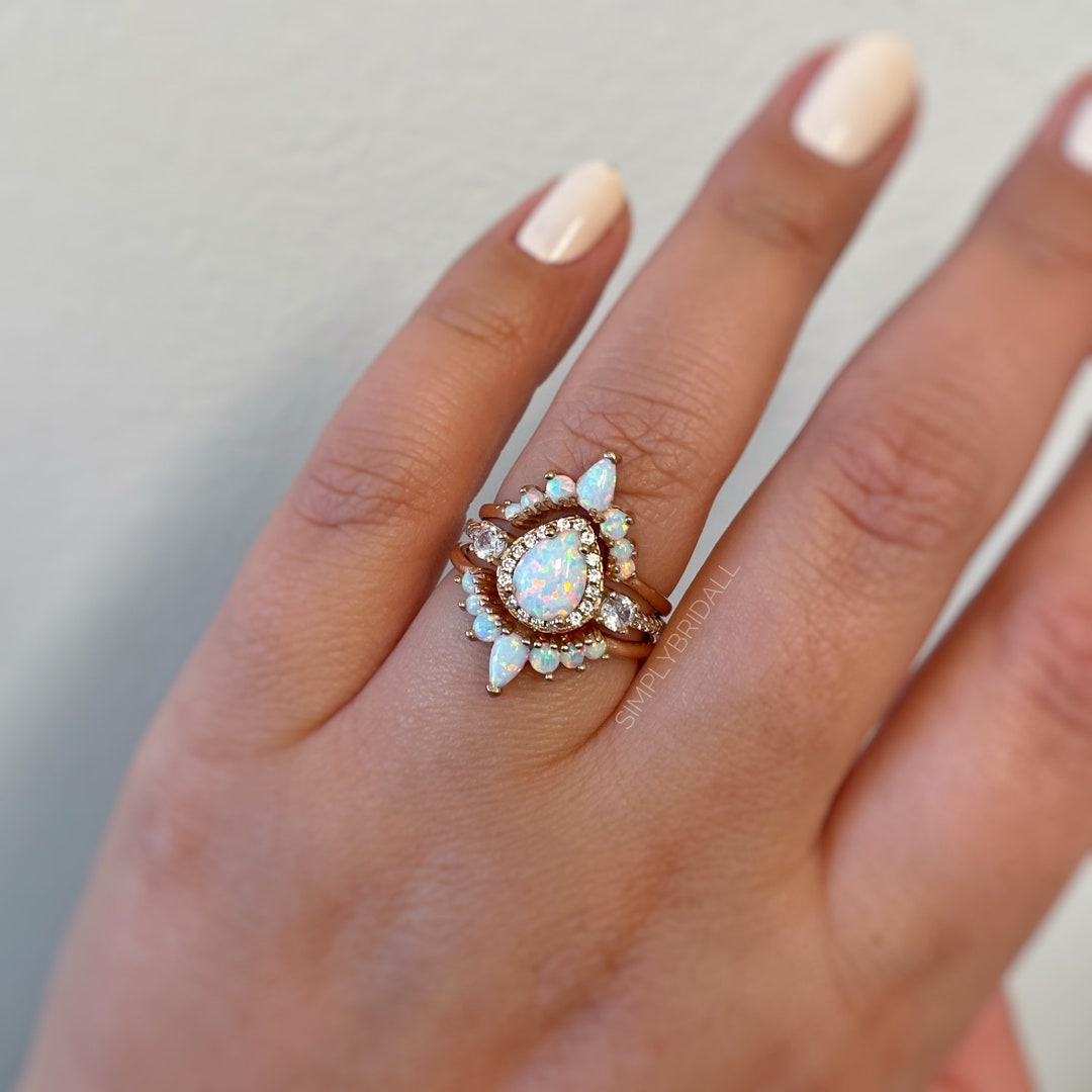 Opal Engagement Ring Set, 3 Ring Set Art Deco Fitted Opal Ring Set ...