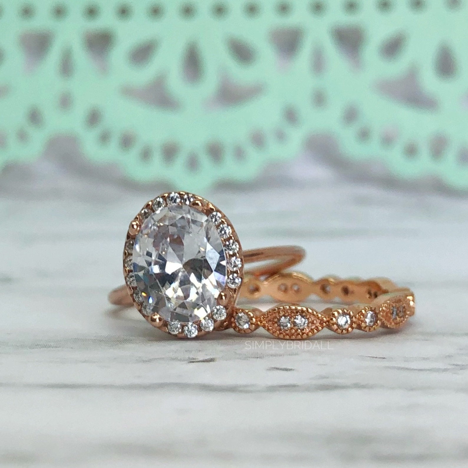 2.00ct Oval Rose Gold Engagement Ring Set Art Deco Rose Gold - Etsy