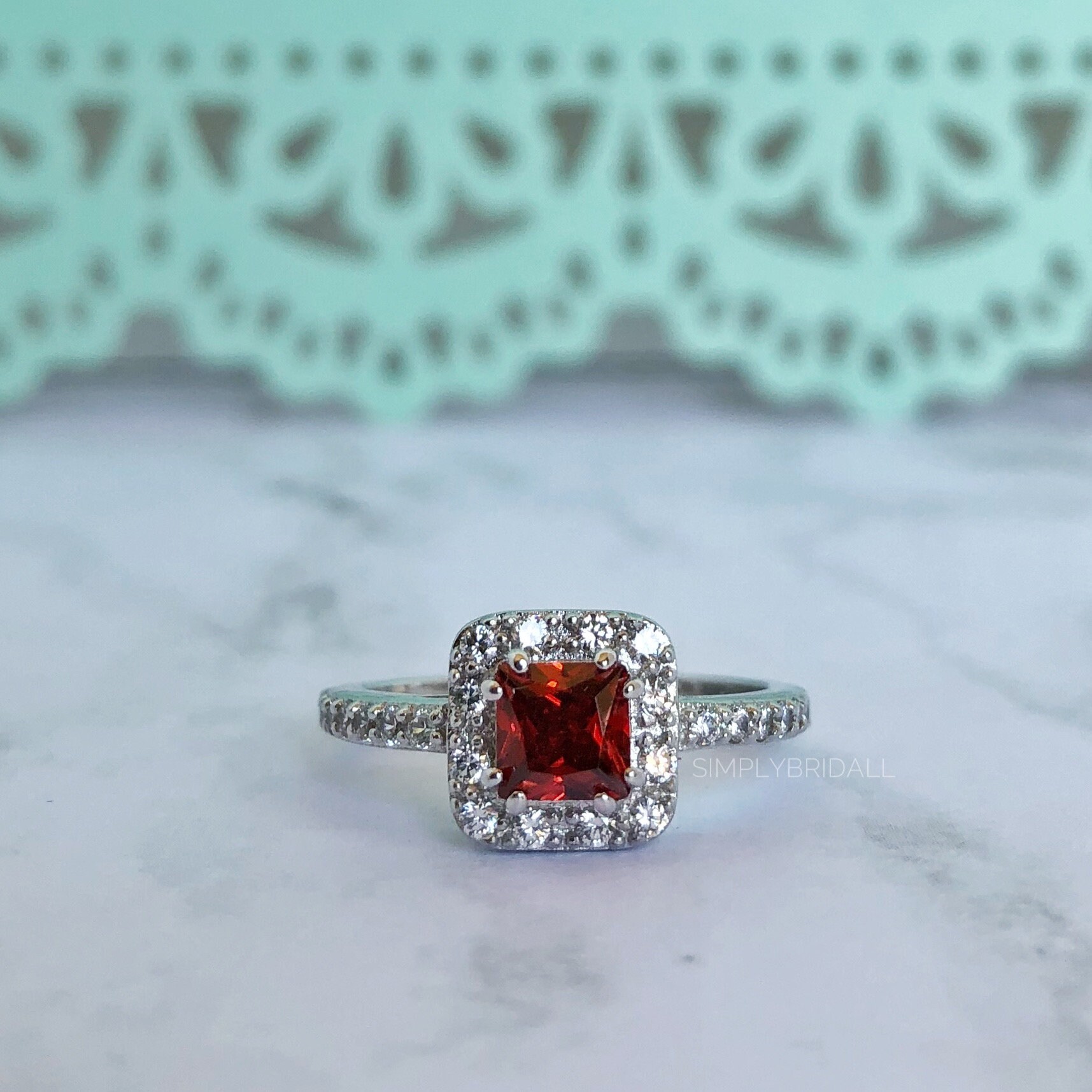 Square Ruby Ringruby Halo Engagement Ring Sterling Silver | Etsy