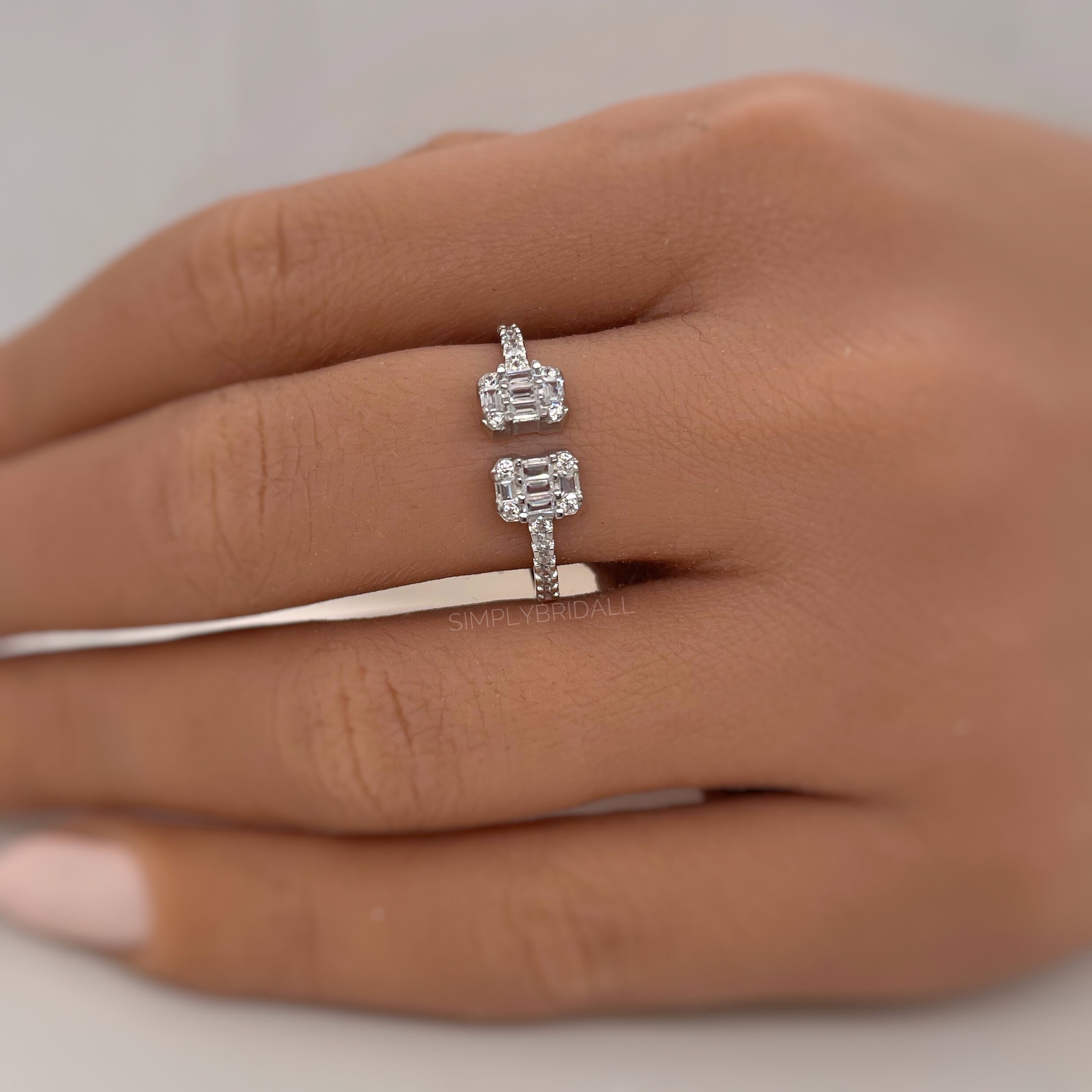 Open Baguette Diamond Band, Sterling Silver Emerald Cut Cluster Band ...