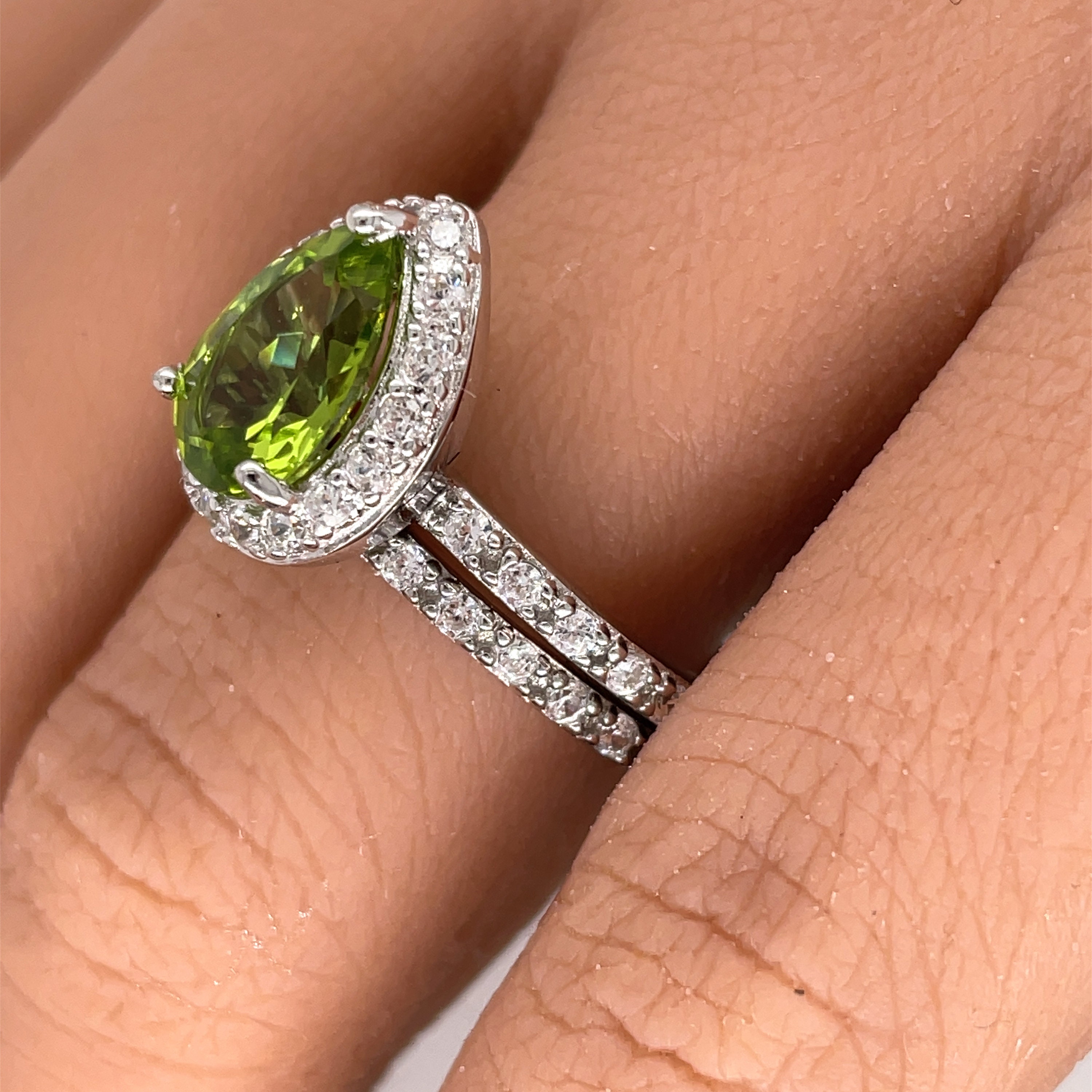 2.00ct Pear Shape Peridot Ring Set, Genuine Peridot, Teardrop Set ...