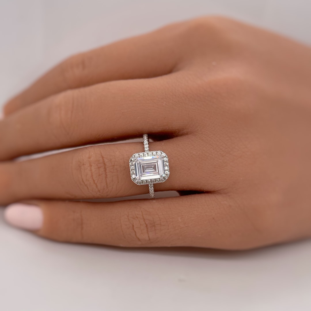 Emerald Cut Halo Engagement Ring Hidden Halo Emerald Cut Simulated