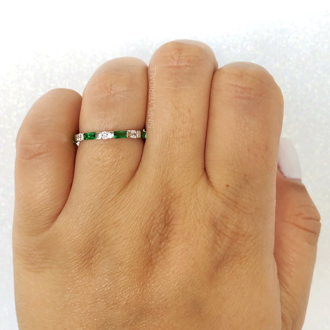 Green Emerald Eternity Band Sterling Silver Wedding Band Baguette ...