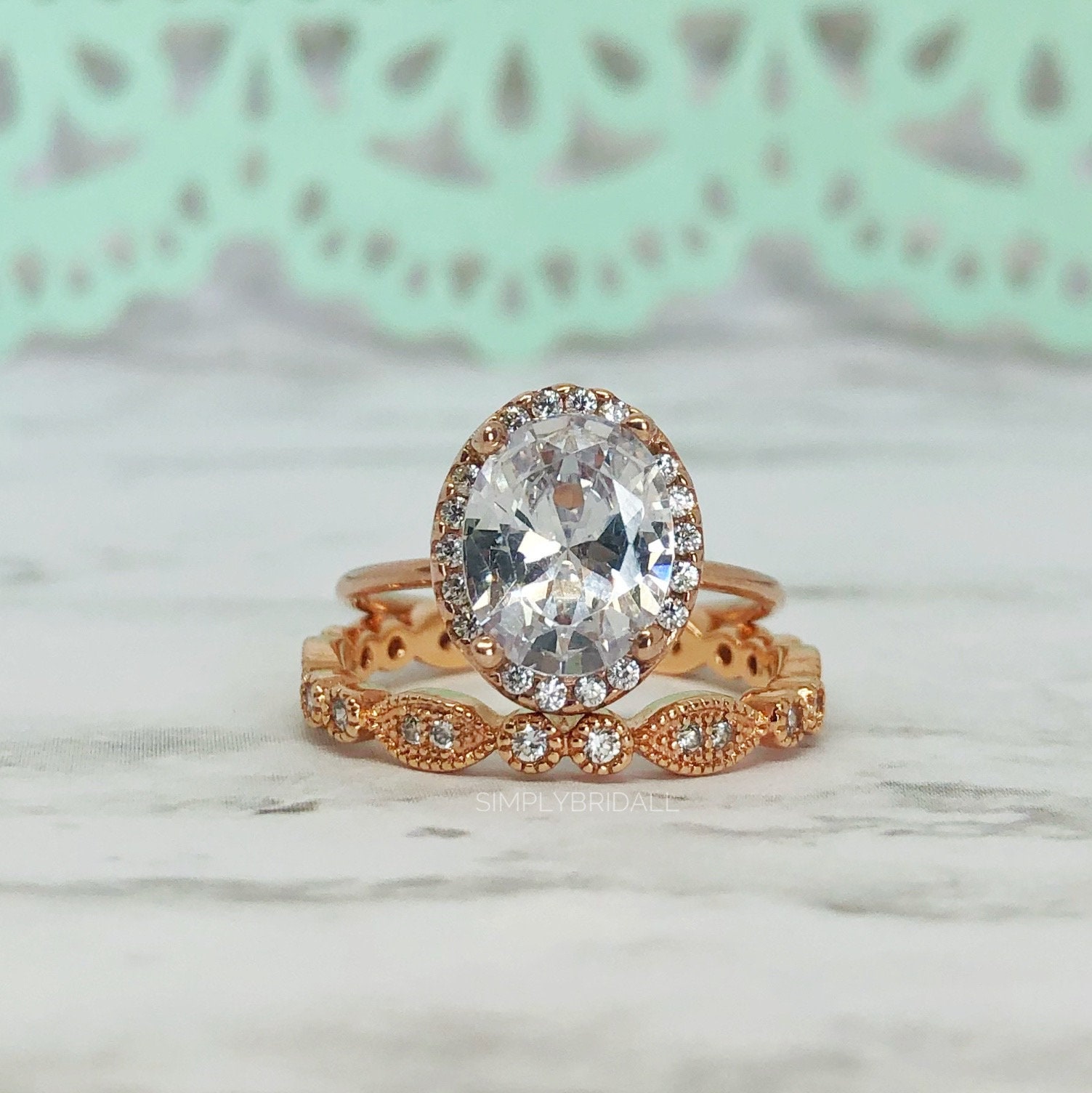 2.00ct Oval Rose Gold Engagement Ring Set Art Deco Rose Gold | Etsy