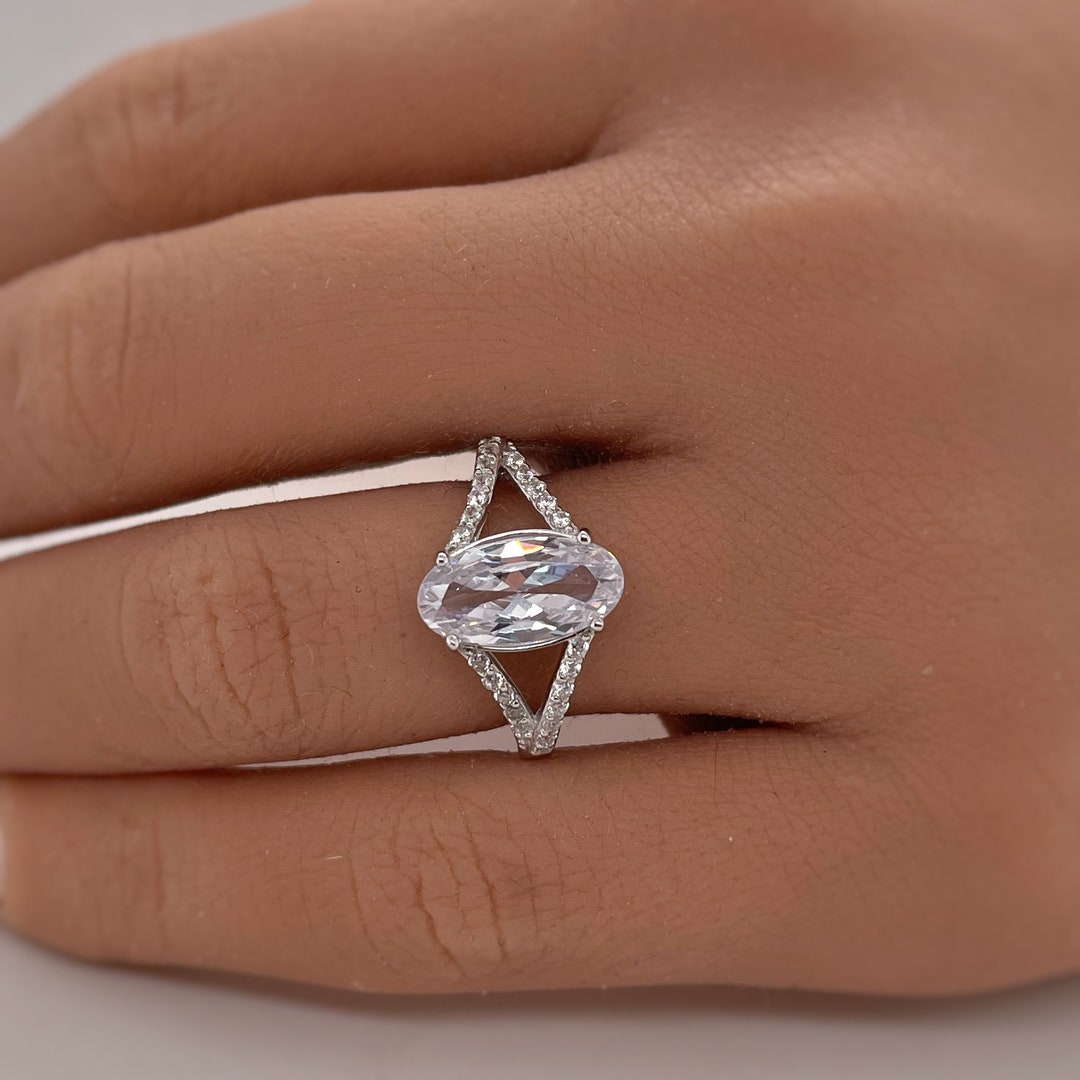 Long Oval Clear Crystal Statement Ring Split Shank Engagement - Etsy