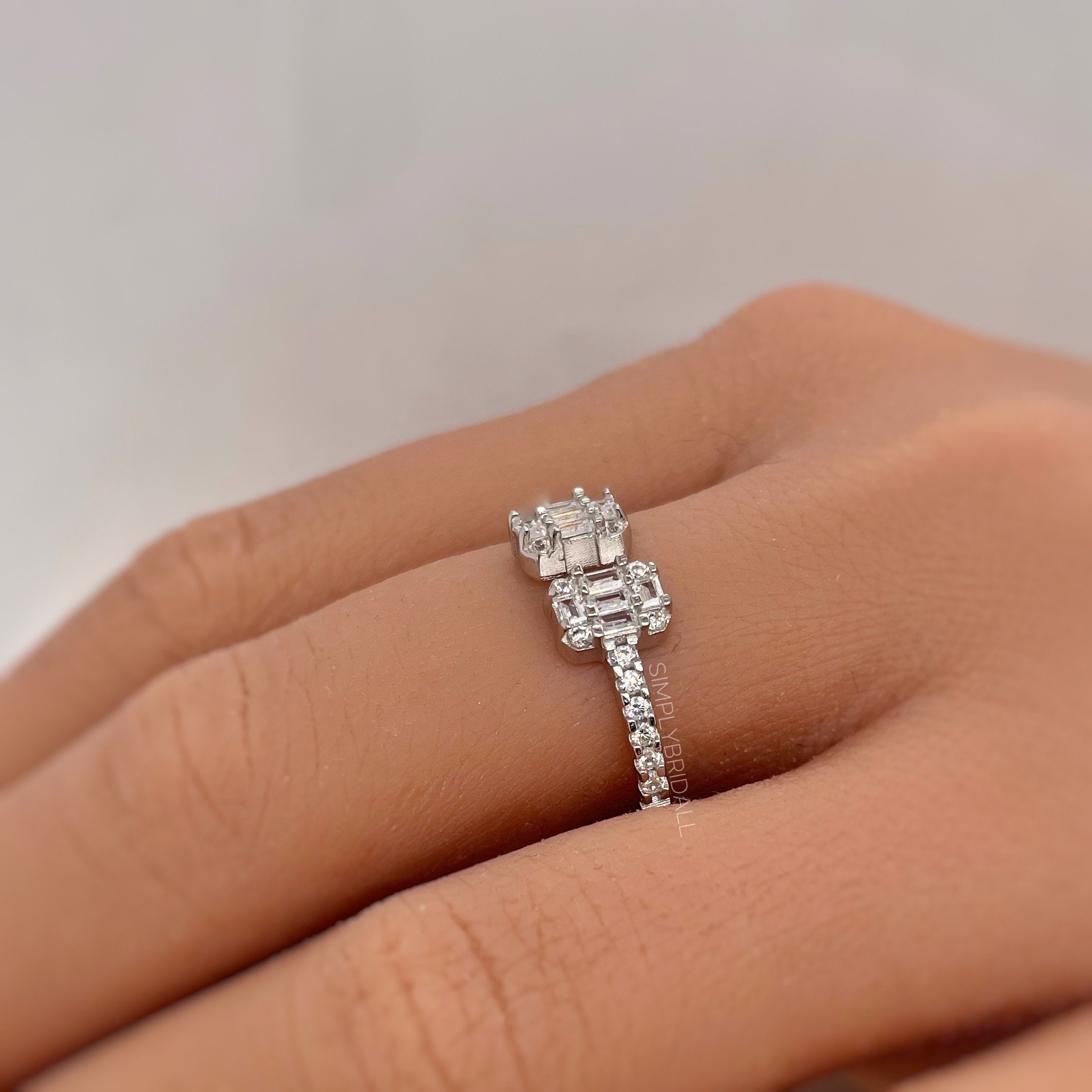Open Baguette Diamond Band, Sterling Silver Emerald Cut Cluster Band ...