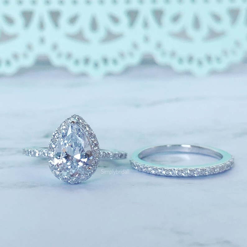 2.00ct Pear Shape Halo Ring Set, Pear Proposal Ring, Teardrop Wedding ...