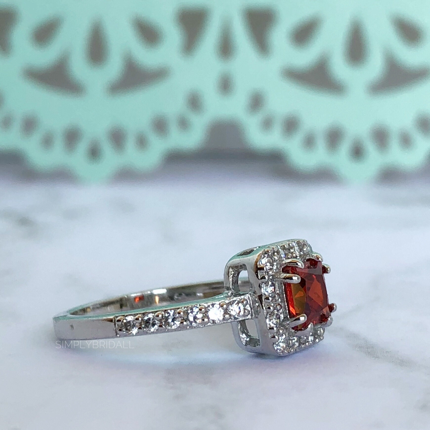 Square Ruby Ringruby Halo Engagement Ring Sterling Silver | Etsy