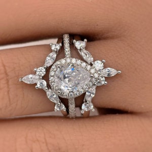 1.00ct Pear Halo Ring Set, 3 Ring Set, Art Deco Pear Marquise Bands ...
