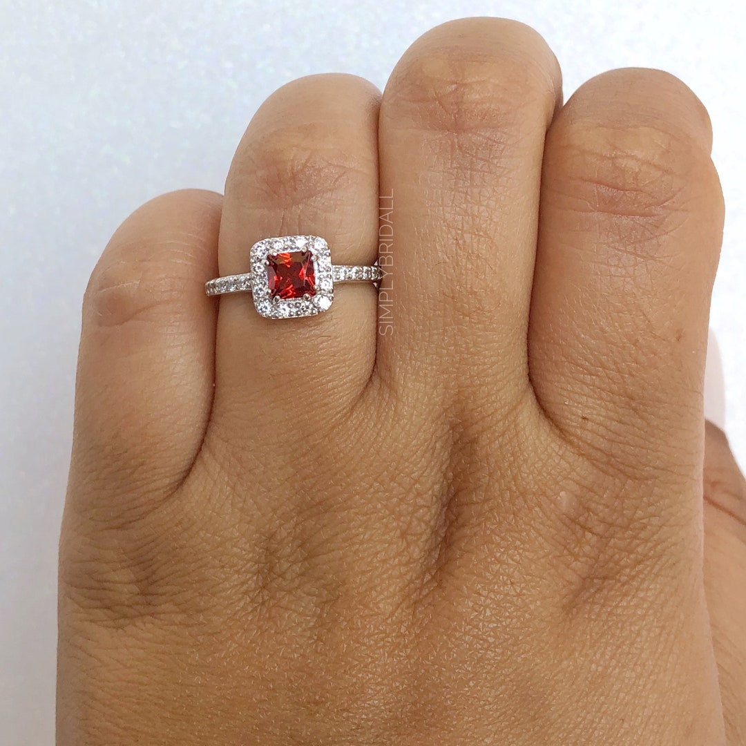 Square Ruby Ring,ruby Halo Engagement Ring, Sterling Silver With ...