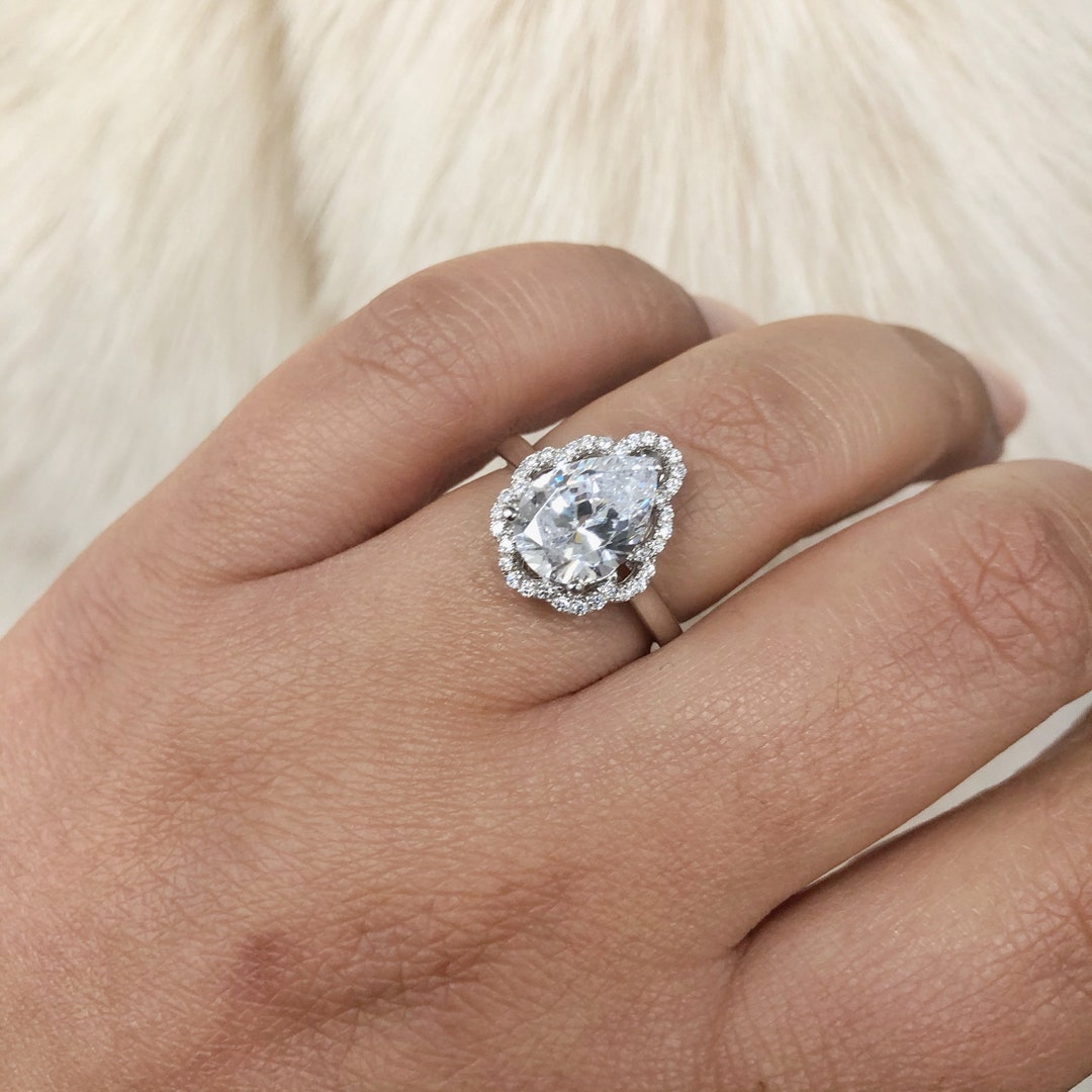 3.00ct Pear Art Deco Halo Engagement Ring, Pear Art Deco Proposal Ring ...