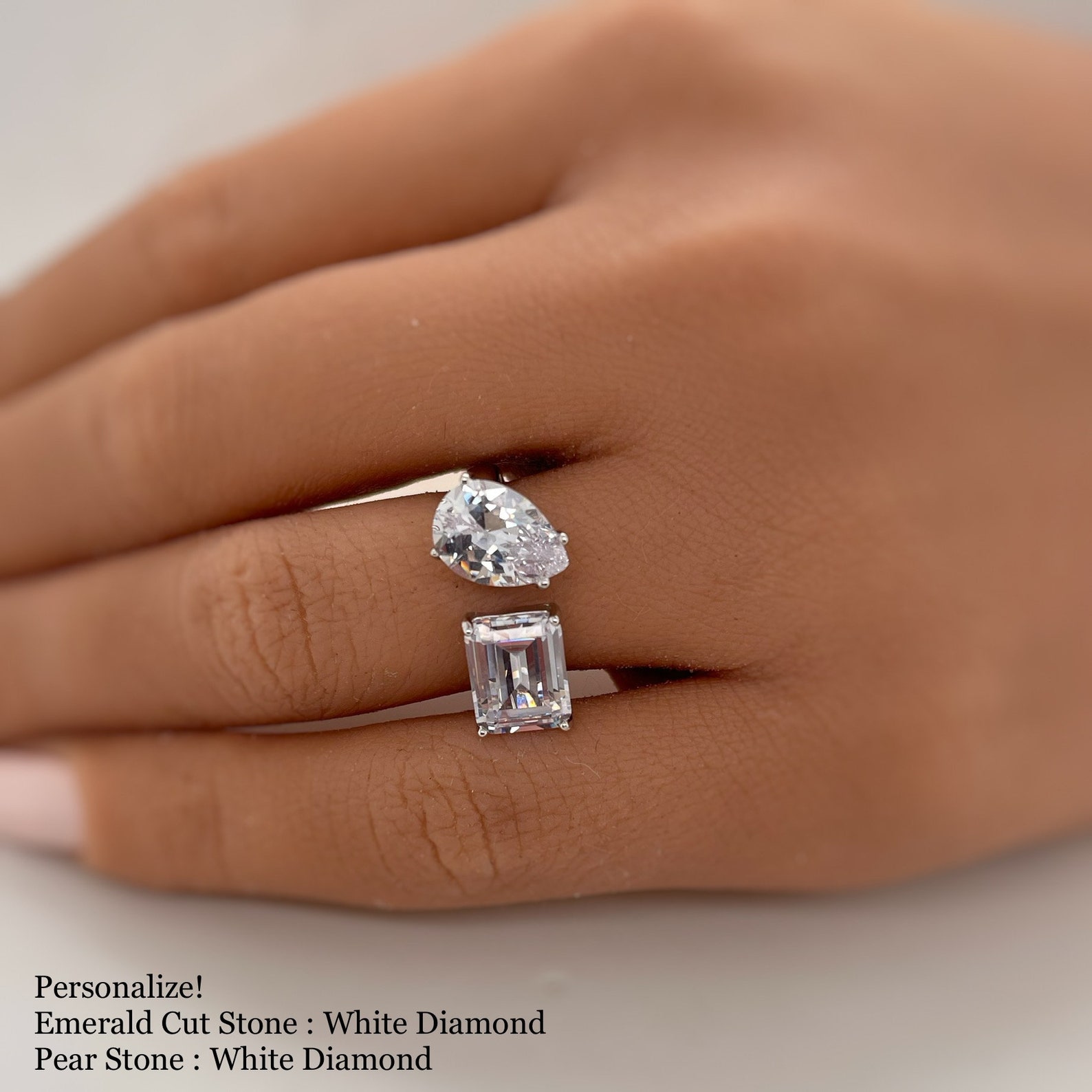 Double Stone Ring 2 Stone Engagement Ring Emerald Cut and - Etsy