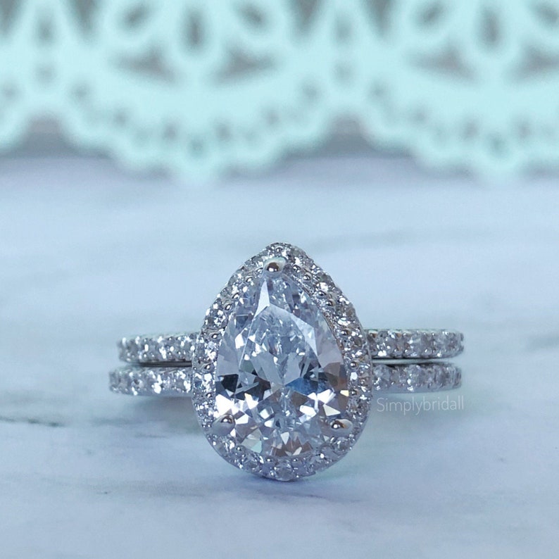 2.00ct Pear Shape Halo Ring Set, Pear Proposal Ring, Teardrop Wedding ...