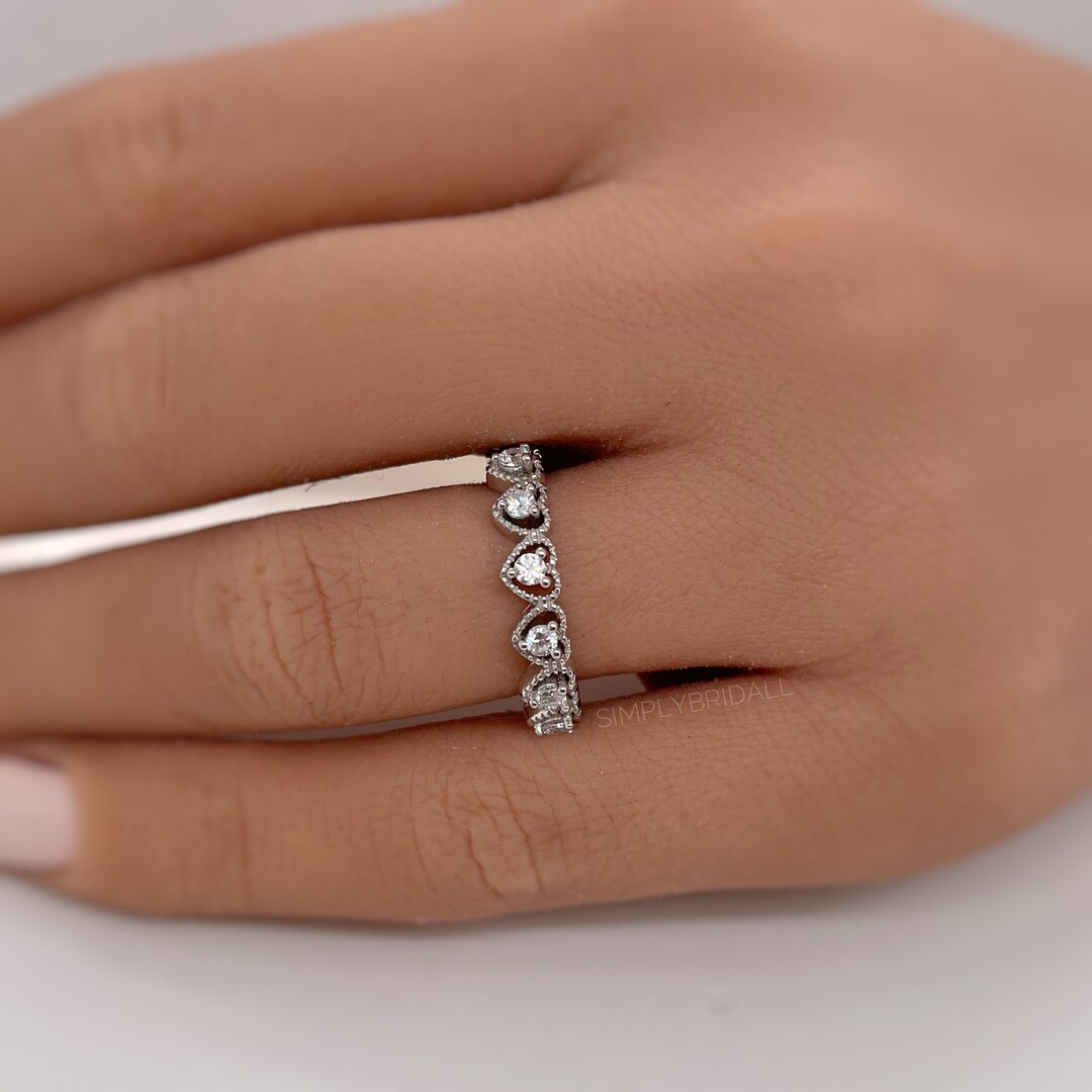 Sterling Silver Heart Halo Eternity Band, Simulated Diamond Ring - Etsy